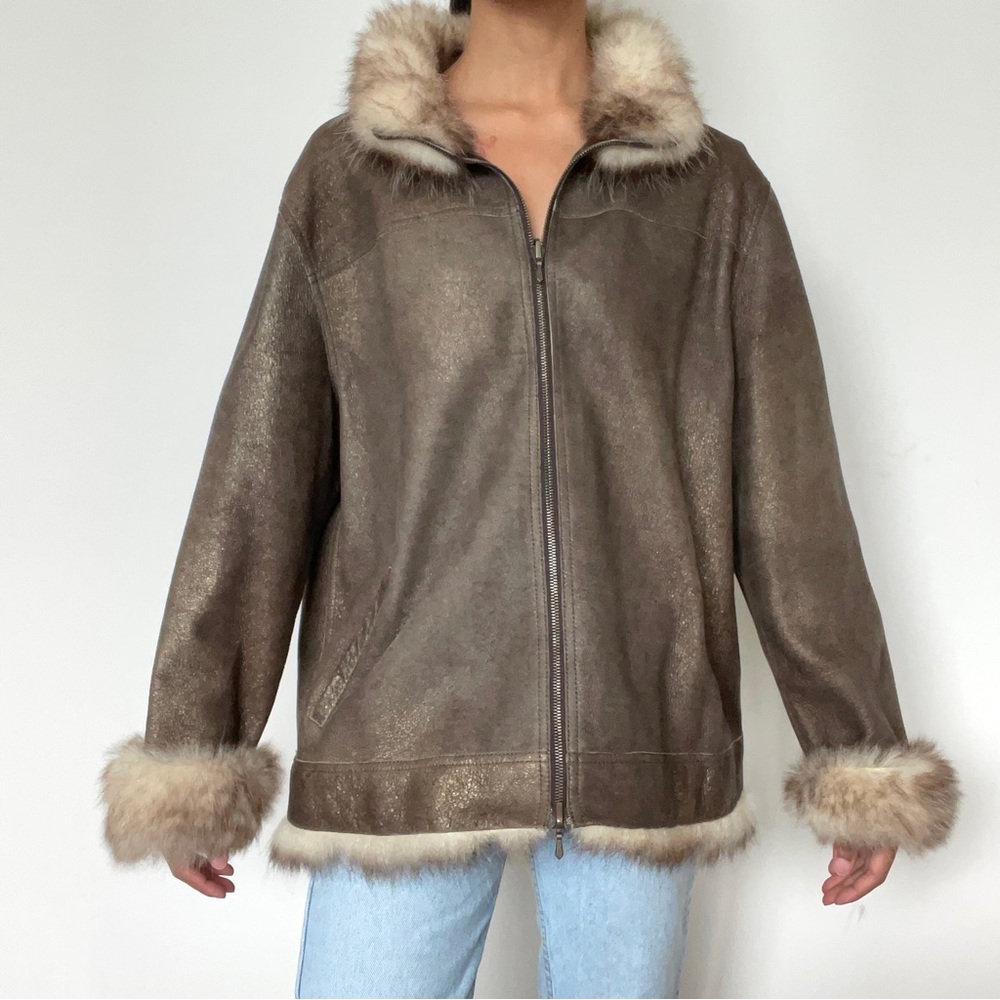 Ann Dee Goldin Leather Fur Trim Jacket - Gem